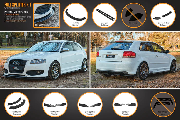 Flow Designs Full Splitter Set - 8P S3 Hatchback (PRE-Facelift models)